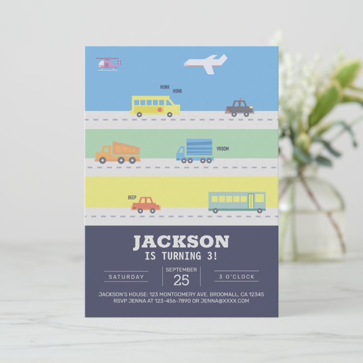 Vehicles, Trucks, Airplanes, Cars Blue Birthday Invitation | Zazzle