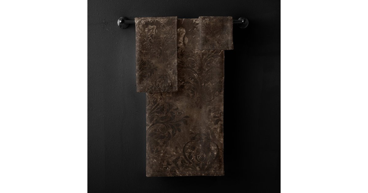 Velvety Bronze Damask | Brown Baroque Grunge Bath Towel Set | Zazzle