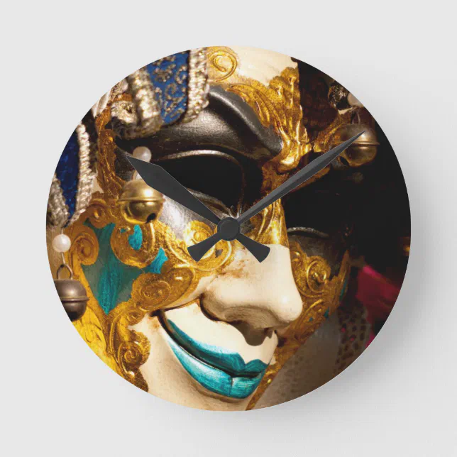 Venetian Costume Mask for Carnival Round Clock | Zazzle