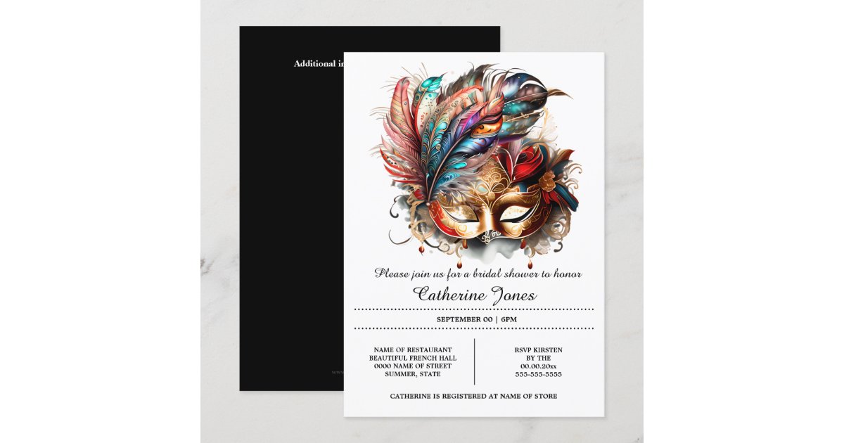 Venetian masked ball face mask feathers carnival invitation | Zazzle