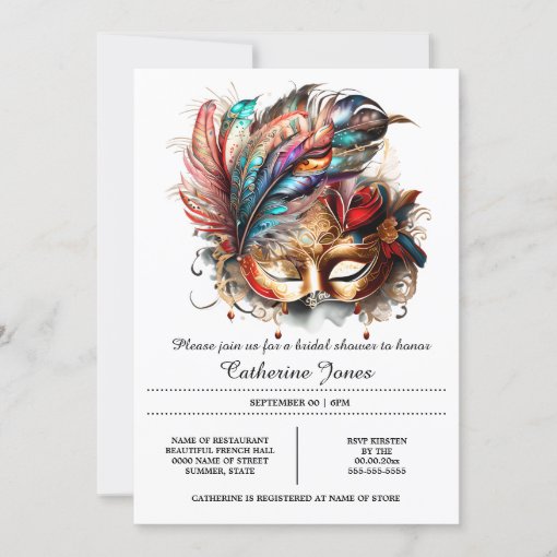 Venetian masked ball face mask feathers carnival invitation | Zazzle