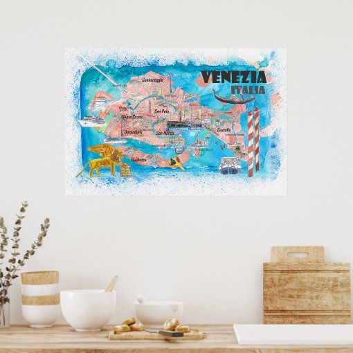 Venice Italy Illustrated Map with Main Canals Land Poster | Zazzle