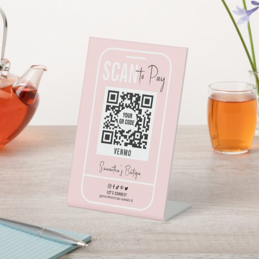 Venmo QR Code Payment Blush Pink Logo Scannable Pedestal Sign | Zazzle