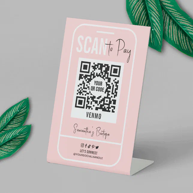 Venmo QR Code Payment Blush Pink Logo Scannable Pedestal Sign | Zazzle