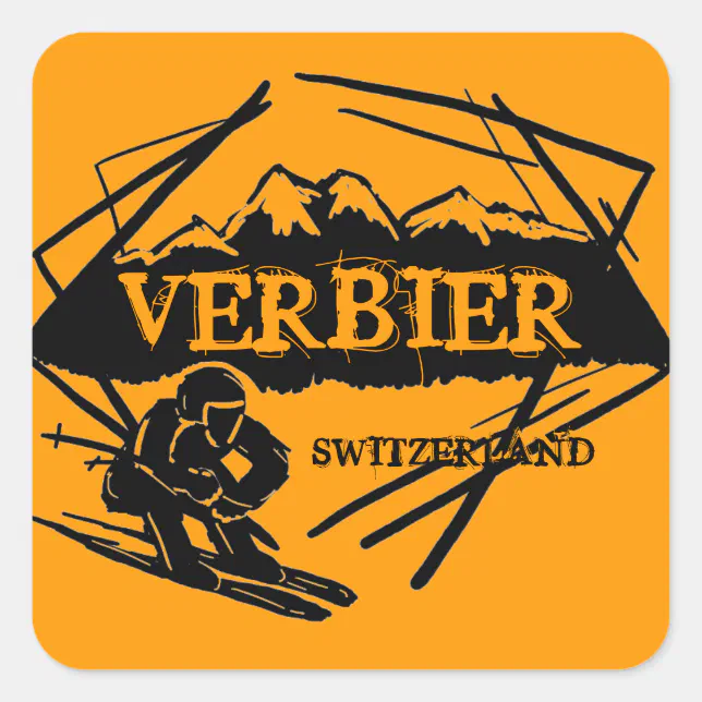 Verbier Switzerland orange ski logo stickers | Zazzle