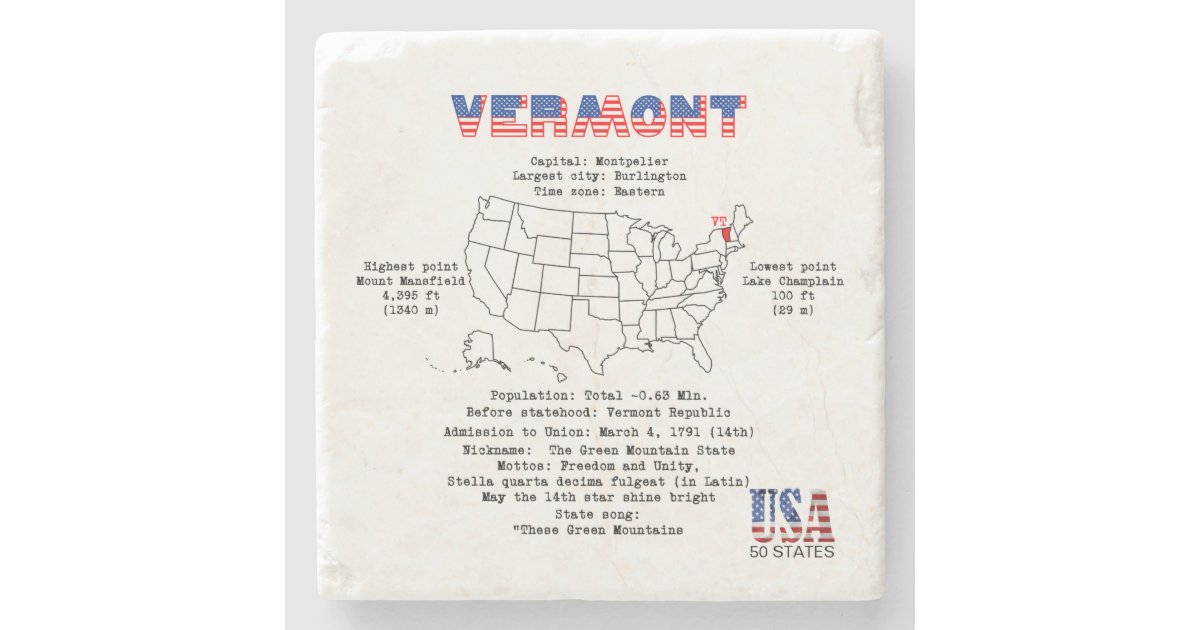 Vermont American State On A Map And Useful Info Stone Coaster Zazzle