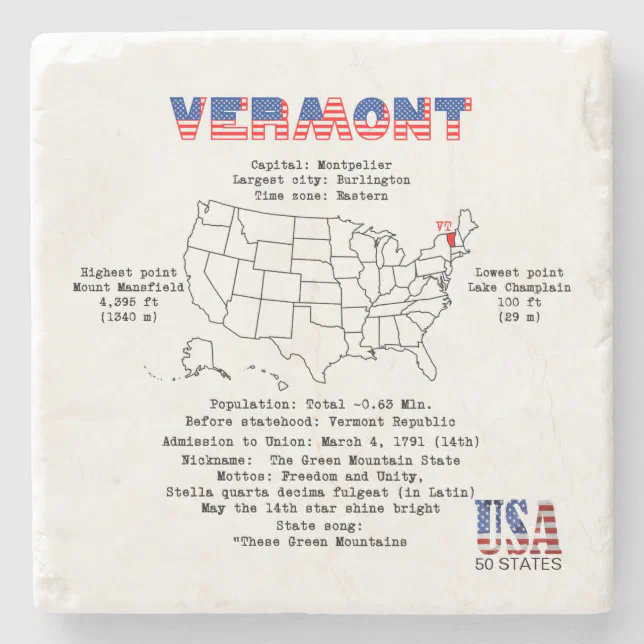 Vermont American State On A Map And Useful Info Stone Coaster Zazzle
