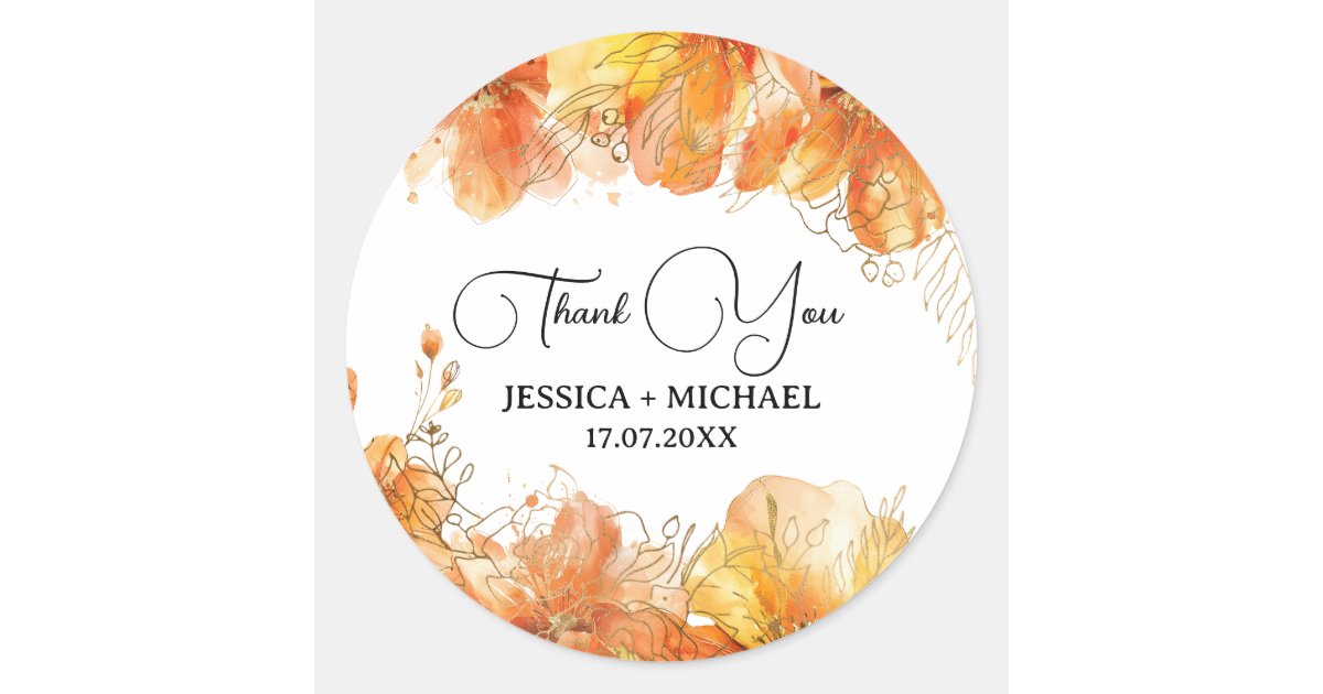 Verona Sunset Blooms Gold Thank You Wedding Classic Round Sticker | Zazzle
