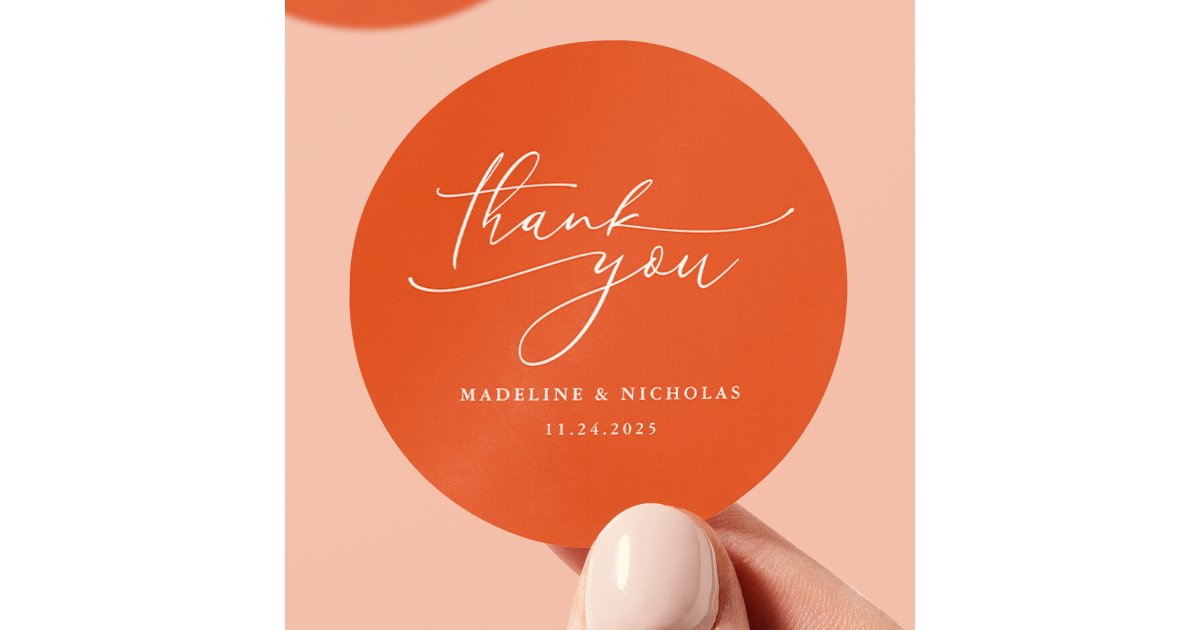 Verona Sunset Orange Calligraphy Wedding Thank You Classic Round ...