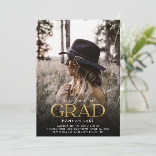 Vertical 3 Photo Gold Foil Grad Photo Graduation Invitation | Zazzle