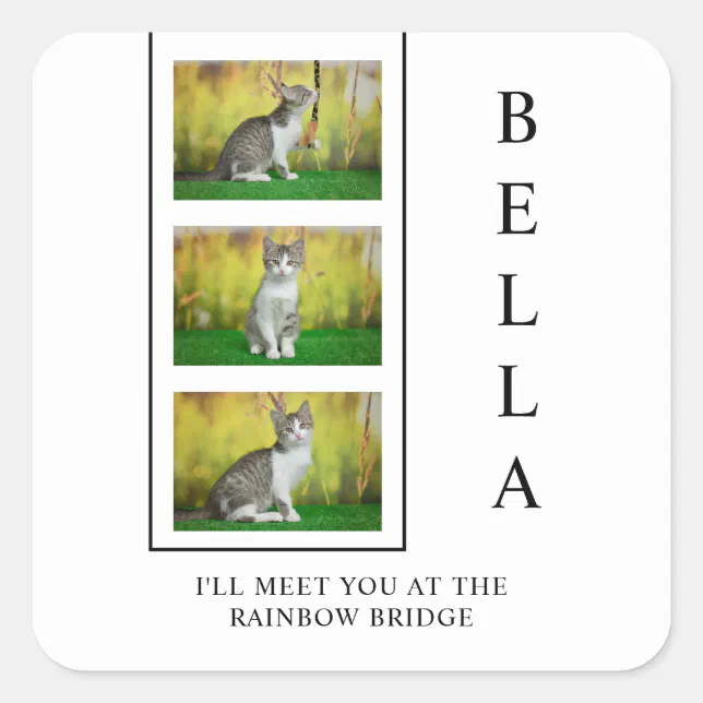 Vertical Pet Memorial Layout with Photo Trio Square Sticker | Zazzle