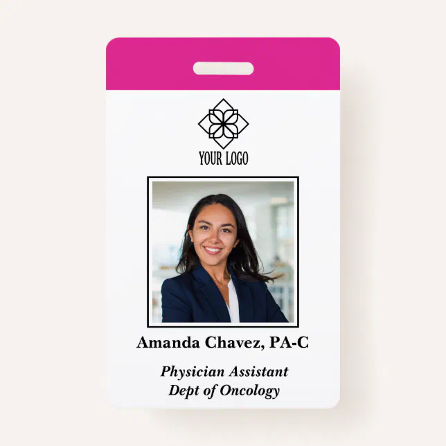 Vertical Pink Custom Employee ID Photo Name Badge | Zazzle