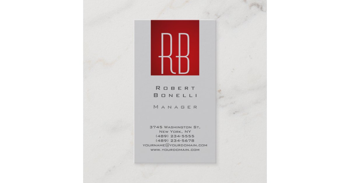 Vertical Red Light Gray Monogram Business Card | Zazzle