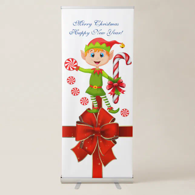 Vertical Retractable Banner Happy New Year Elf | Zazzle