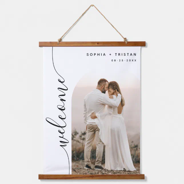 Vertical Script Photo Arch Wedding Welcome Sign Hanging Tapestry | Zazzle