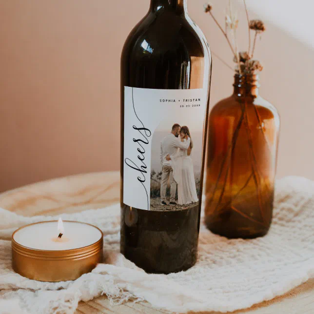 Vertical Script Photo Arch Wedding Wine Label | Zazzle