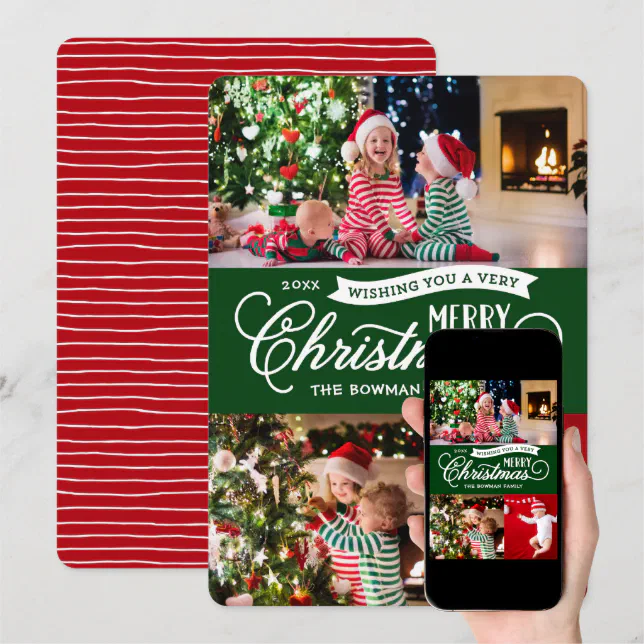 Very Merry Christmas Script 3 Photo Holiday Card | Zazzle