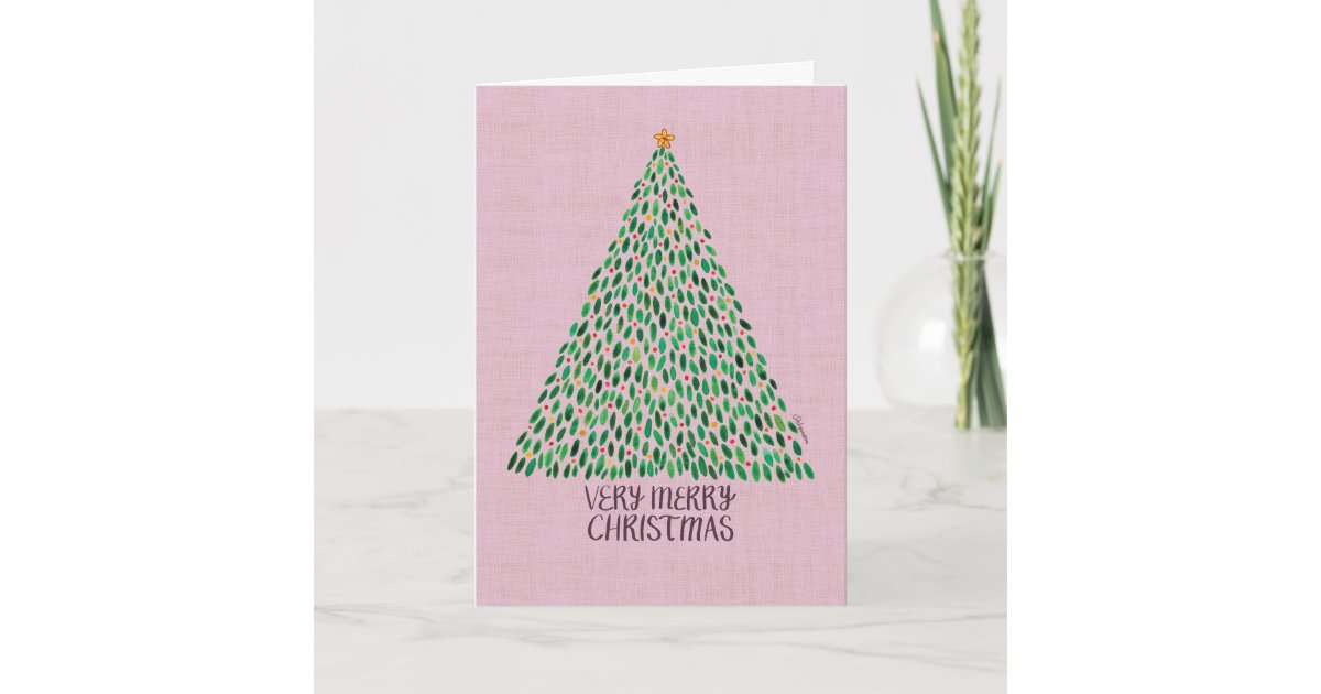 Very Merry Christmas Tree on Pink Card | Zazzle