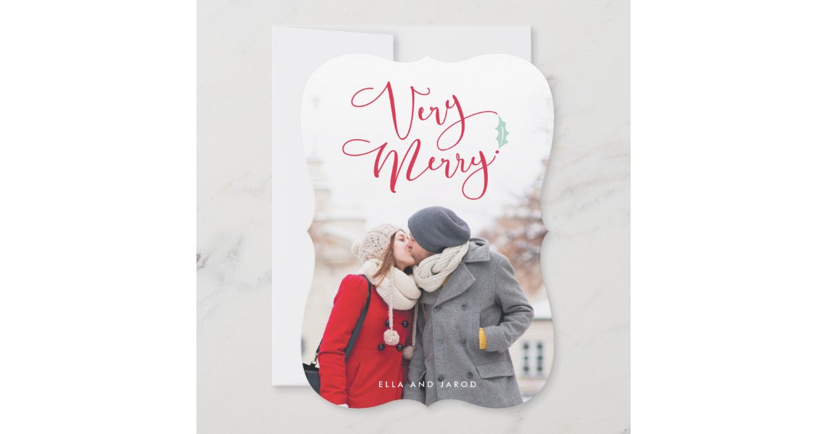 Very Merry Red Script Christmas Photo Cards | Zazzle