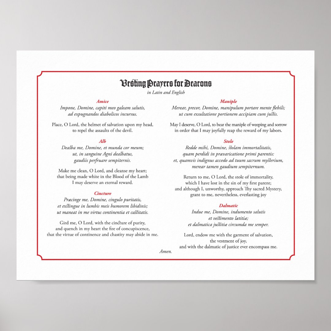 Vesting Prayers for Deacons in Latin and English Poster | Zazzle