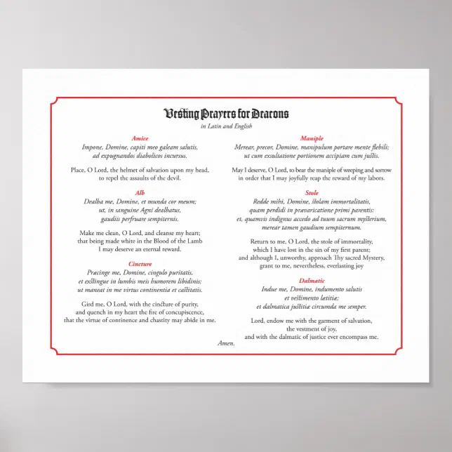 Vesting Prayers for Deacons in Latin and English Poster | Zazzle