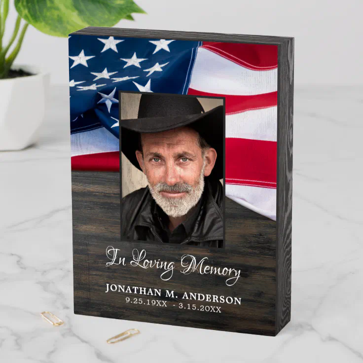 Veteran Memorial Military Photo USA American Flag Wooden Box Sign | Zazzle