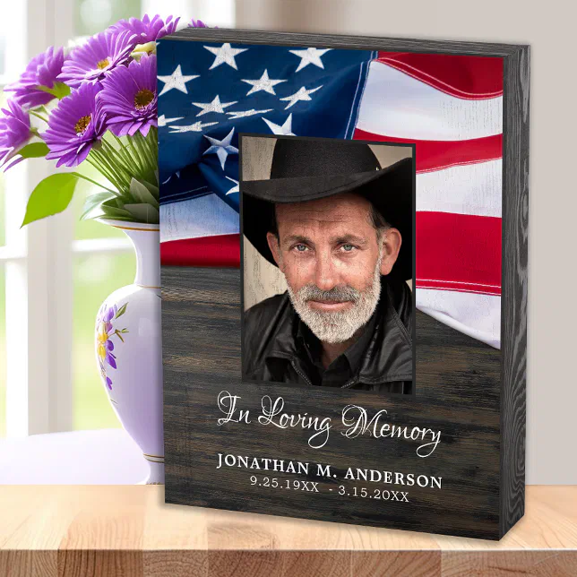 Veteran Memorial Military Photo USA American Flag Wooden Box Sign | Zazzle