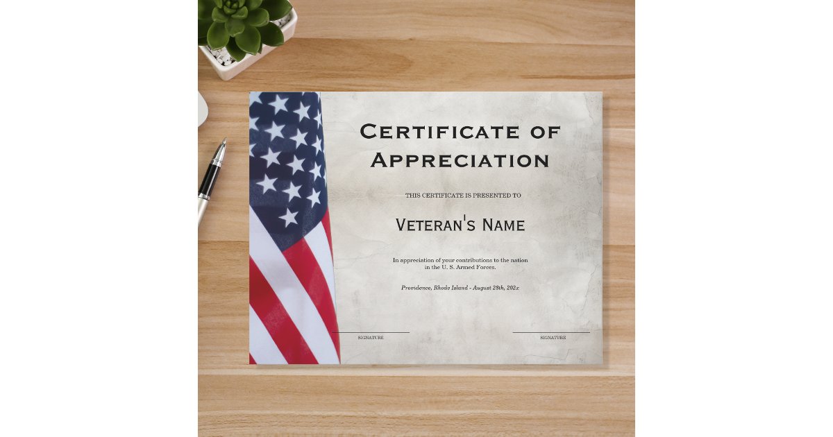 Veteran's Certificate of Appreciation | Zazzle