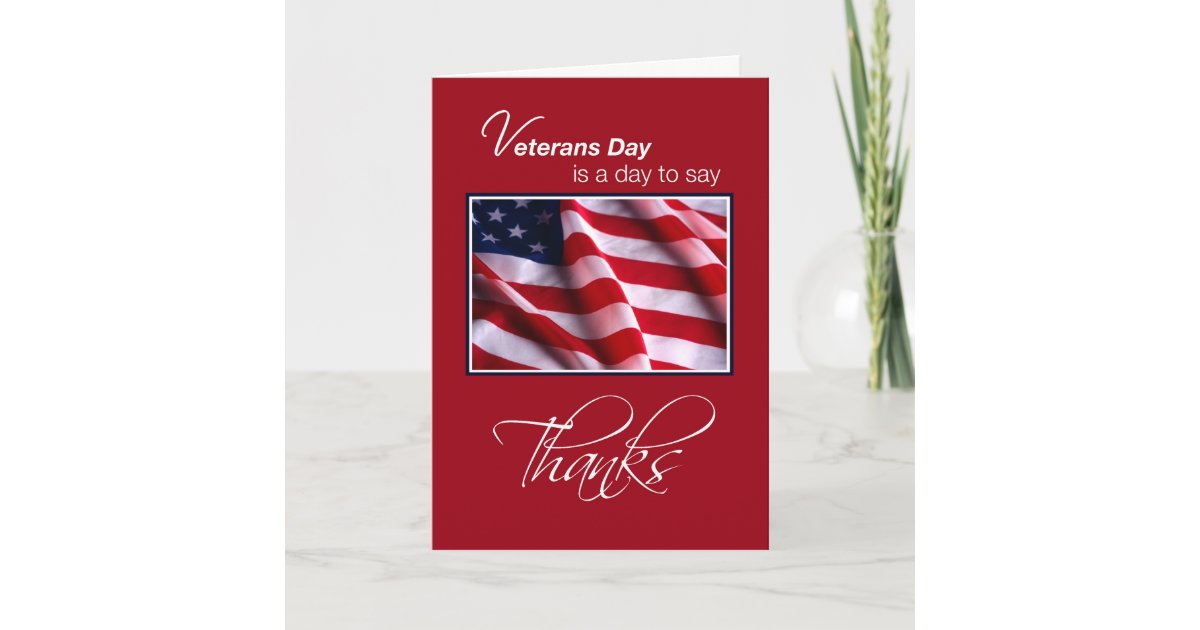 Veterans Day Patriotic American Flag Thanks in Red Thank You Card | Zazzle