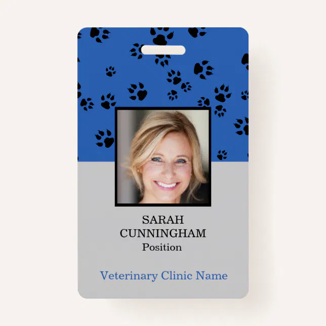 Veterinarian Clinic Paw Print Blue Photo ID Badge | Zazzle