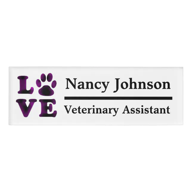 Veterinary Assistant Name Tag Purple Pawprints | Zazzle