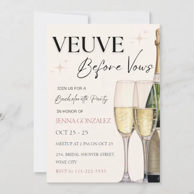 Veuve Before Vows Bachelorette Party Weekend Invitation | Zazzle