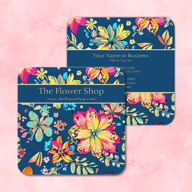 Vibrant Boho Floral Bohemian Flower Square Business Card | Zazzle