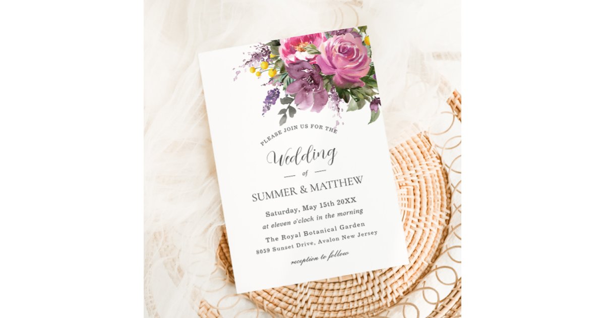 Vibrant Boho Magenta Pink Purple Floral Wedding Invitation | Zazzle