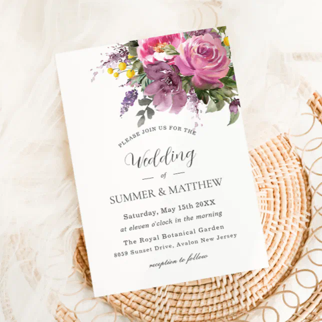 Vibrant Boho Magenta Pink Purple Floral Wedding Invitation | Zazzle