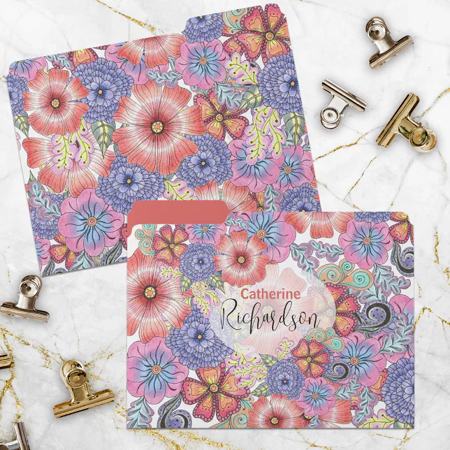 Vibrant Colorful Hand-drawn Flowers and Leaves File Folder | Zazzle