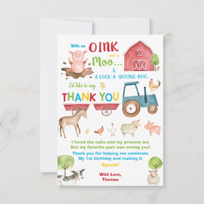 Vibrant Cute Barnyard Farm Animals Birthday Party Thank You Card # ...