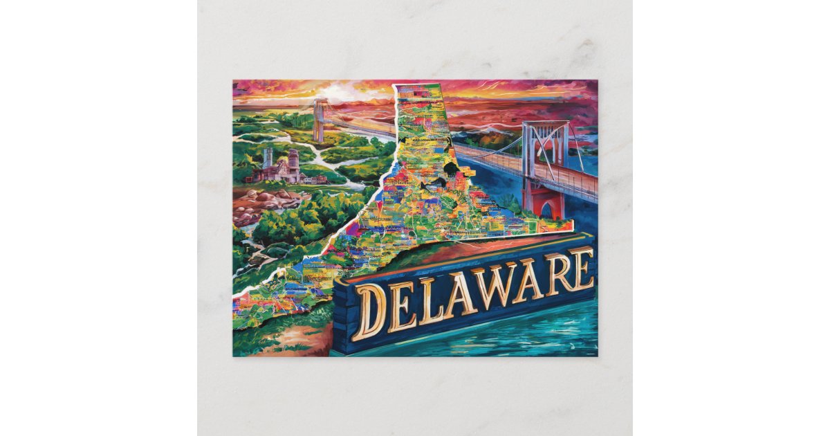 Vibrant Delaware Map Art Postcard | Zazzle