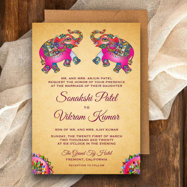 Vibrant Ethnic Pink Elephants Indian Wedding Invitation | Zazzle