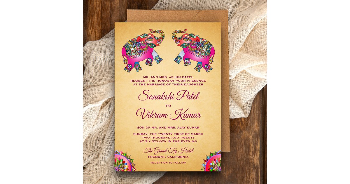 Vibrant Ethnic Pink Elephants Indian Wedding Invitation | Zazzle