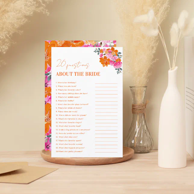 Vibrant Floral 20 Questions About the Bride Game | Zazzle