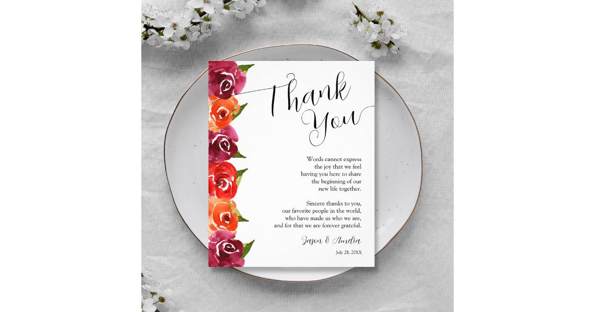Vibrant Floral Wedding Reception Plate Thank You Card | Zazzle