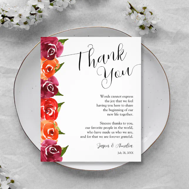 Vibrant Floral Wedding Reception Plate Thank You Card | Zazzle