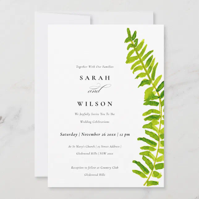 VIBRANT GREEN WATERCOLOUR FERN FOLIAGE WEDDING INVITATION | Zazzle