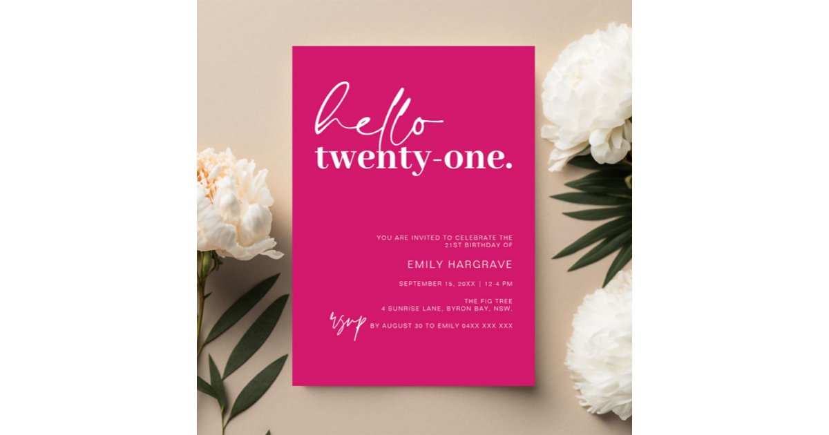 Vibrant Hot Pink Hello 21st Birthday Party Invitation | Zazzle