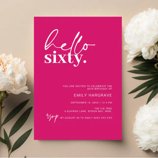 Vibrant Hot Pink Hello Sixty 60th Birthday Party Invitation | Zazzle