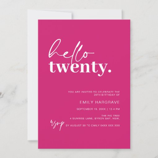 Vibrant Hot Pink Hello Twenty 20th Birthday Party Invitation | Zazzle