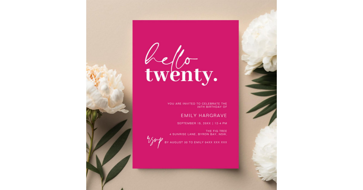 Vibrant Hot Pink Hello Twenty 20th Birthday Party Invitation | Zazzle