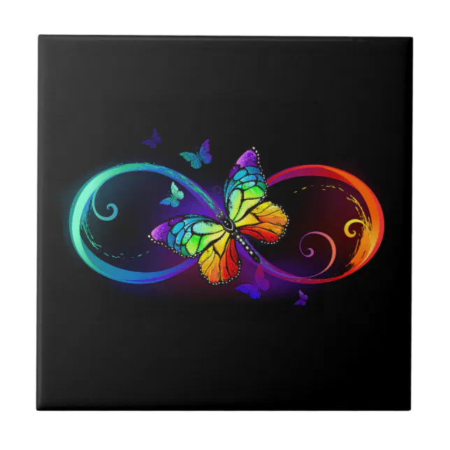 Vibrant infinity with rainbow butterfly on black ceramic tile | Zazzle