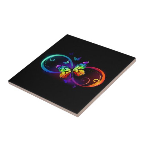 Vibrant infinity with rainbow butterfly on black ceramic tile | Zazzle